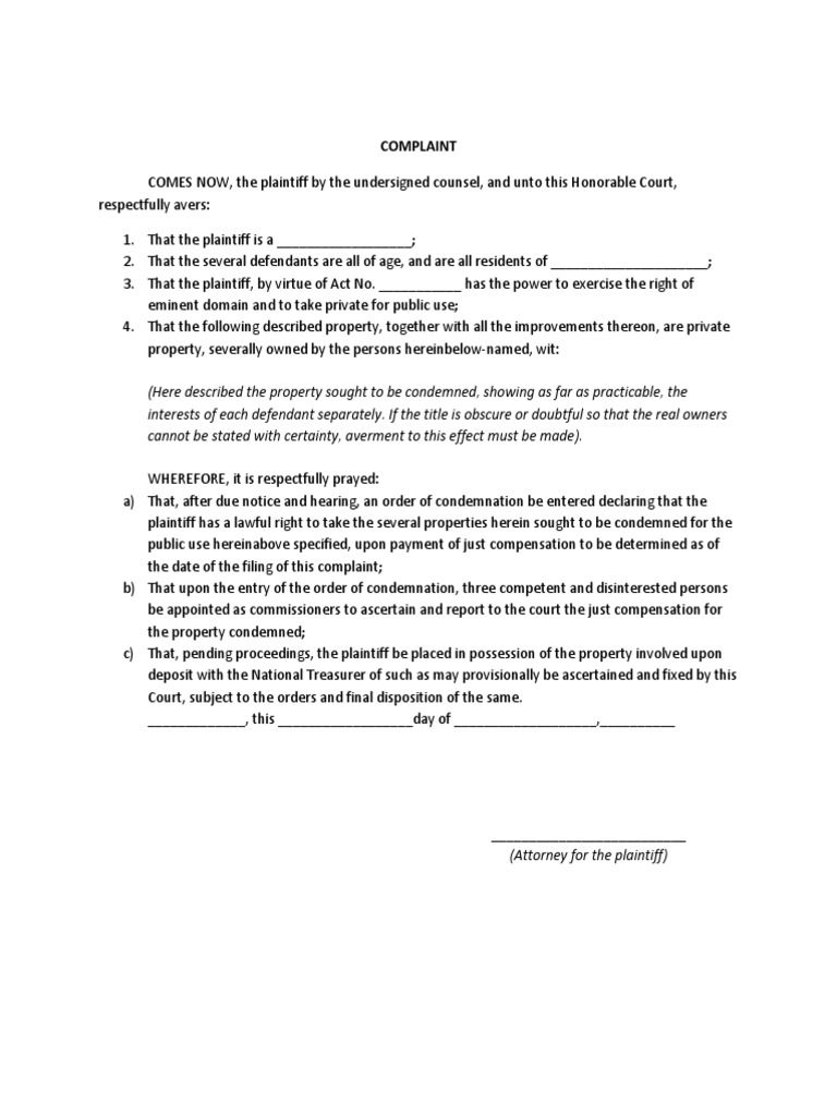 Complaint - Eminent Domain | PDF