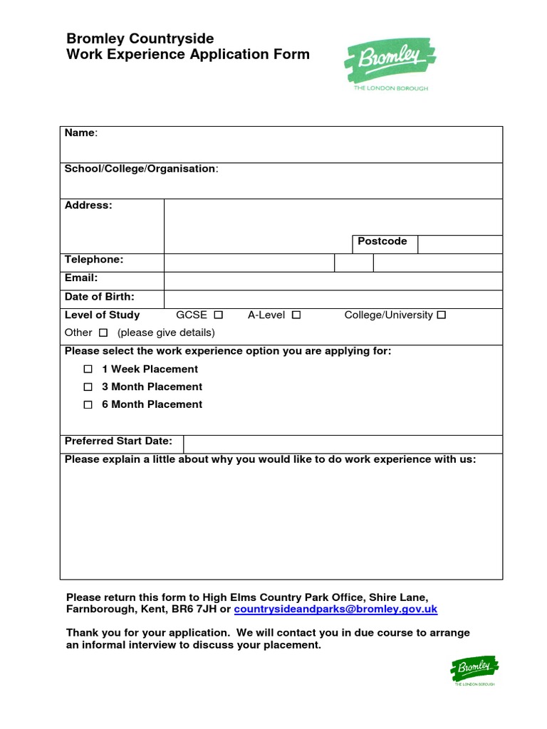Bromley Countryside Work Experience Application Form: Other (Please ...