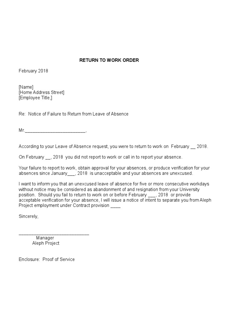 Return To Work Order | PDF