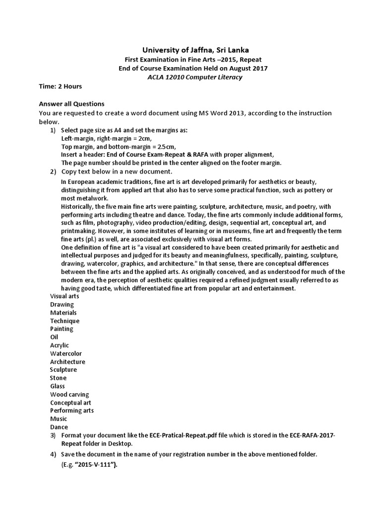 Formating a Word Document About Fine Arts Topics According to Specific ...