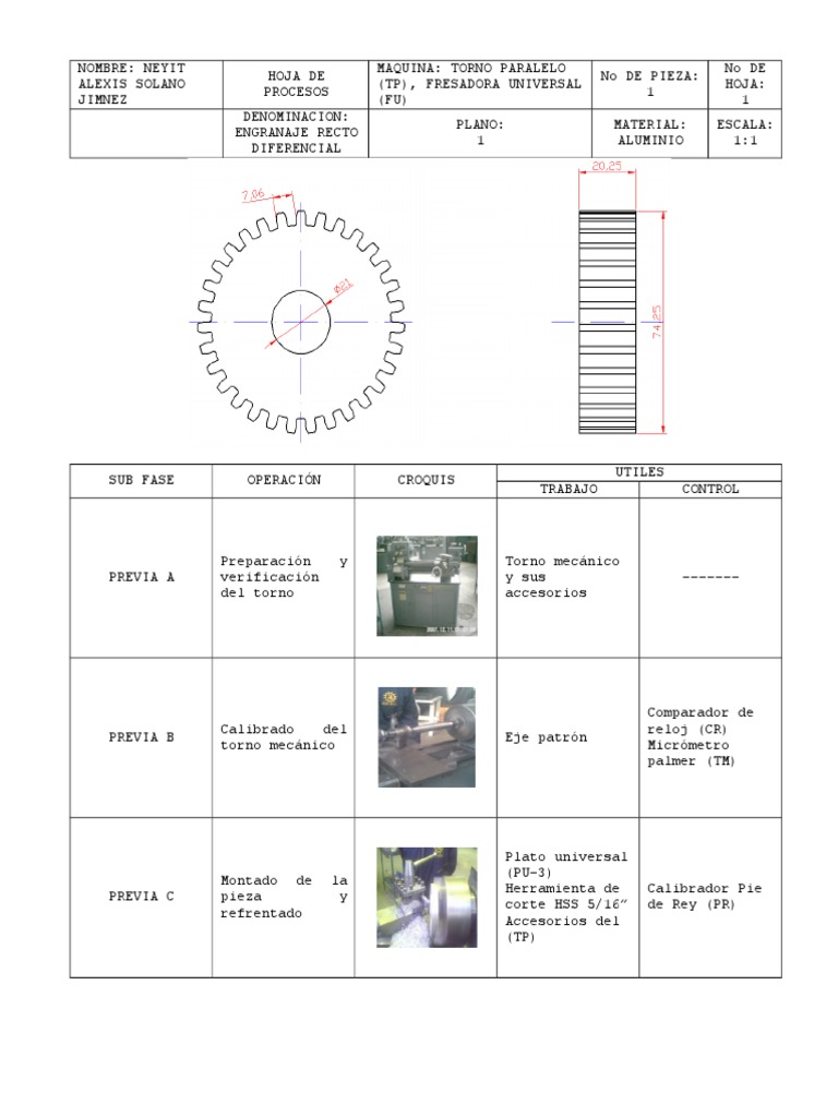 HOJA DE PROSESOS PARA UN ENGRANAJE RECTO DIFERENCIAL[2].docx | Engranaje | Metalistería