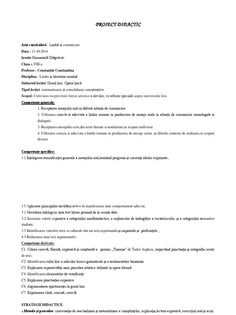 Proiect Didactic Gen Liric M3 | PDF