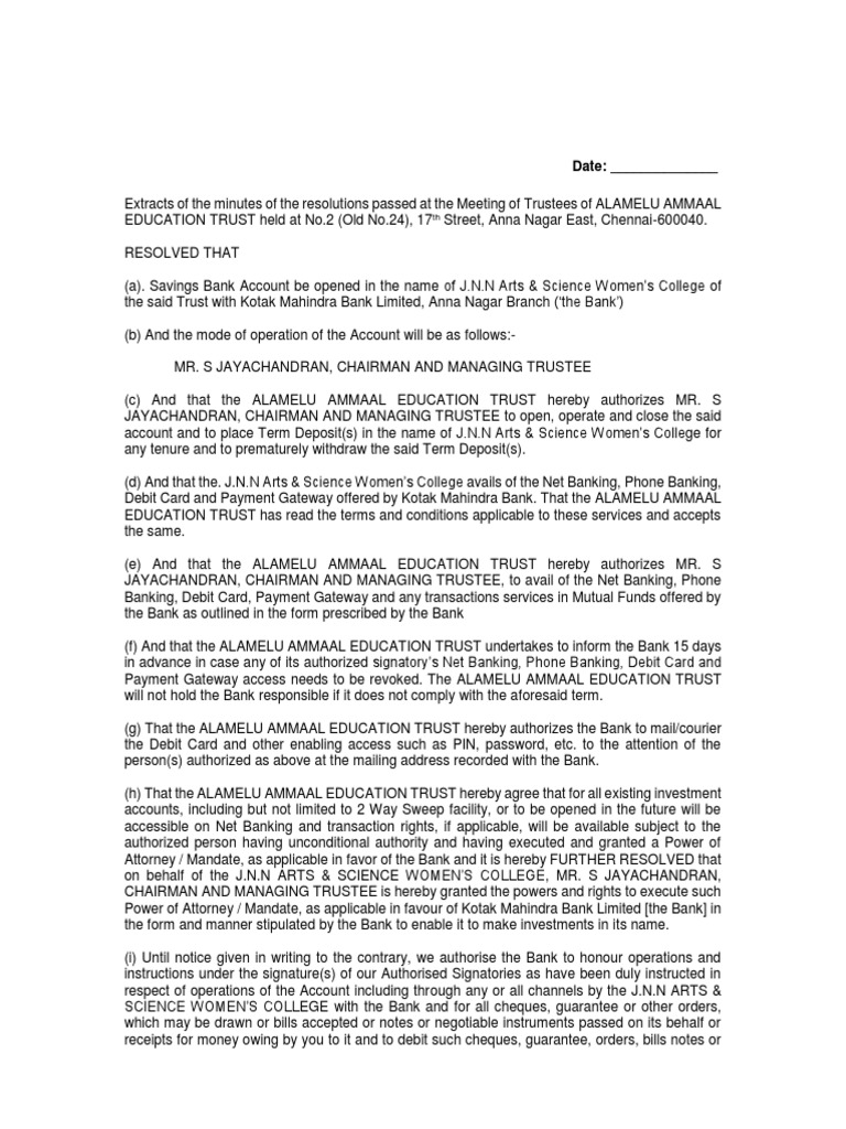 Trust Resolution for Bank Account Opening | PDF | Debit Card | Banks