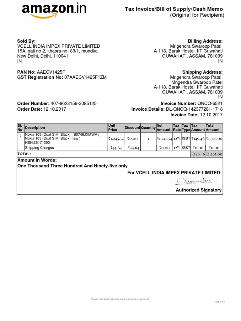 Sales Invoice for the Purchase of a Nokia 105 Dual SIM Mobile Phone ...