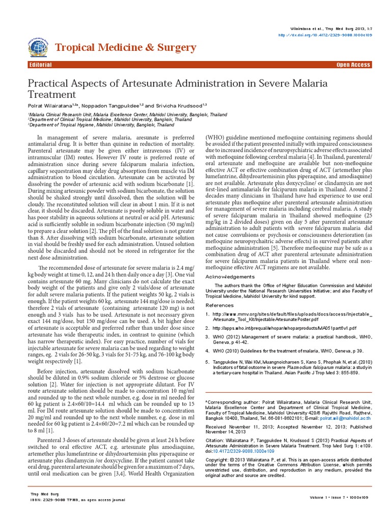 Practical Aspects of Artesunate Administration in Severe 23299 9088 ...