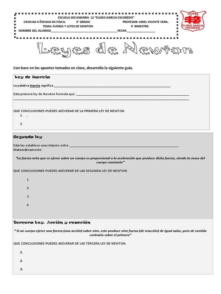Leyes de Newton Actividad 2018 para Examen. | PDF | Las leyes del ...