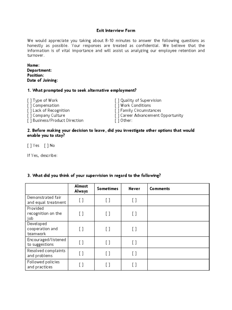 Exit Interview Form Sample 2 | PDF | Employment | Behavioural Sciences