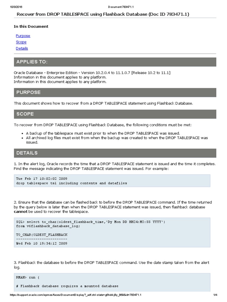 Applies To:: Recover From DROP TABLESPACE Using Flashback Database (Doc ID 783471.1) | Download ...