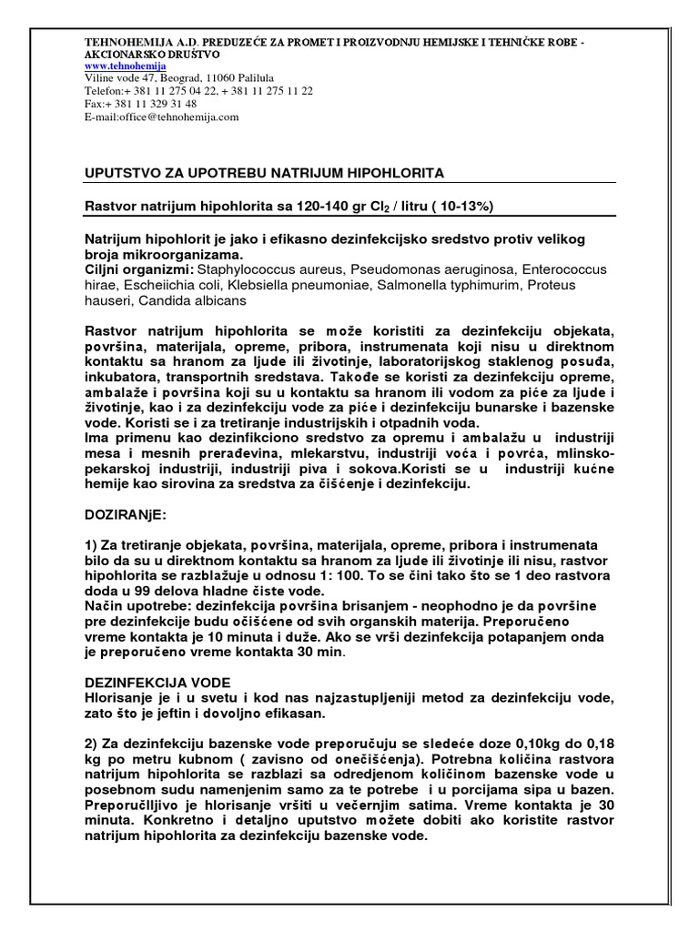 Uputstvo Za Koriscenje Hipohlorita | PDF
