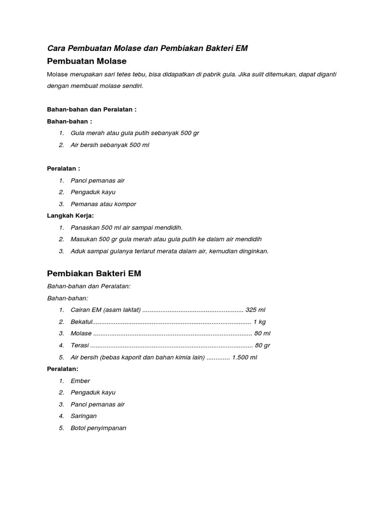 Cara Pembuatan Molase Dan Pembiakan Bakteri EM | PDF