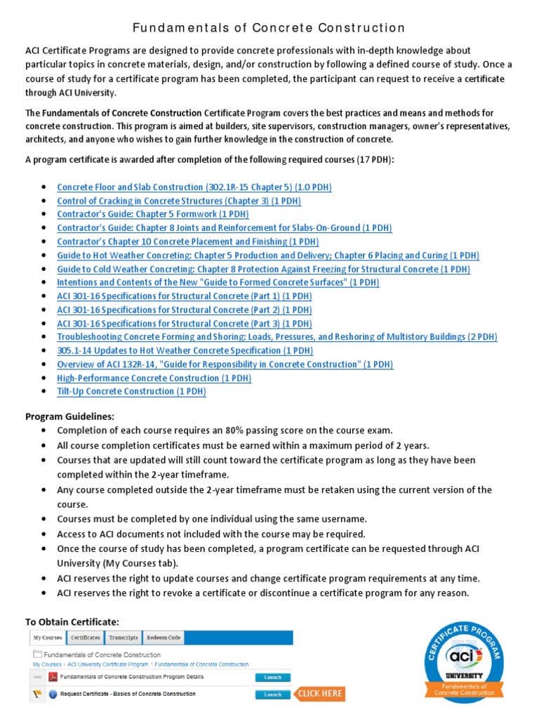 Certificate Program Details - Fundamentals of Concrete Construction PDF ...