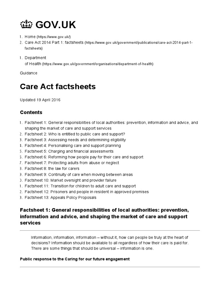 Care Act Factsheets | PDF | Caregiver | Local Government