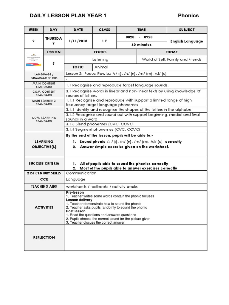 Daily Lesson Plan Year 1 Phonics | PDF | Phonics | Lesson Plan