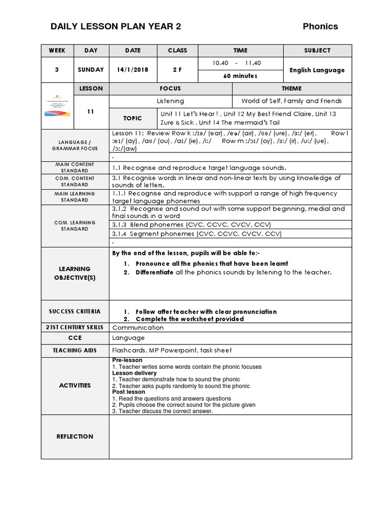 Daily Lesson Plan Year 2 Phonics | PDF | Phonics | Lesson Plan