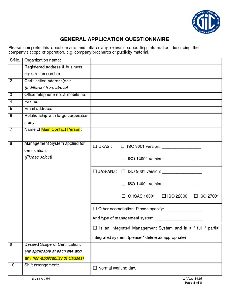 General Application Questionnaire - Issue No 4 - July 2016 | PDF | Iso ...