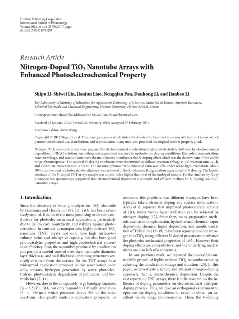 Research Article: Nitrogen-Doped Tio Nanotube Arrays With Enhanced Photoelectrochemical Property ...