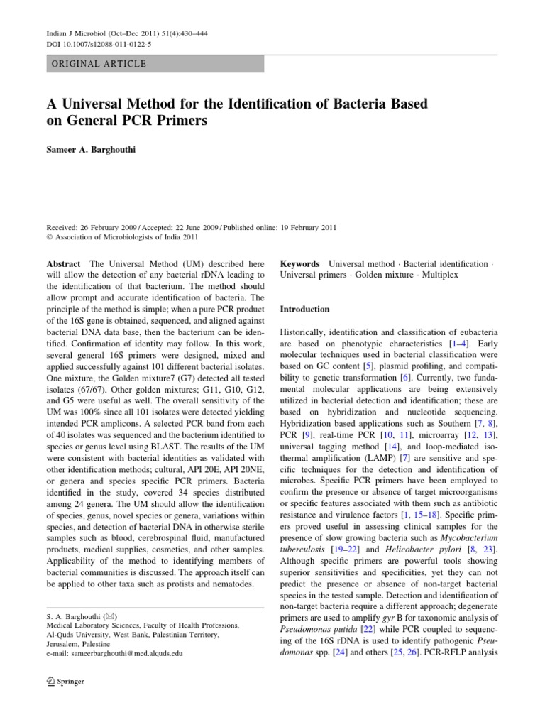 Universal PCR Method for Bacterial ID | PDF | Polymerase Chain Reaction ...