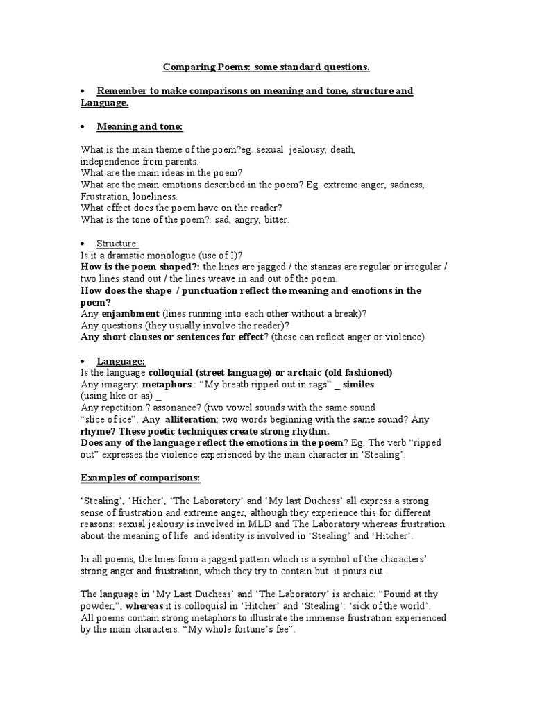 Comparing Poems: Key Questions for Analysis | PDF | Poetry | Linguistics