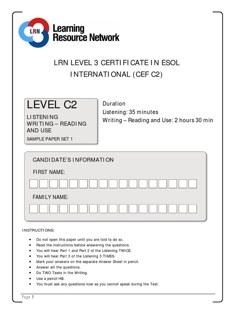 LRN Level 3 Certificate in Esol International Cef c2 Listening Writing Reading and Use Sample ...