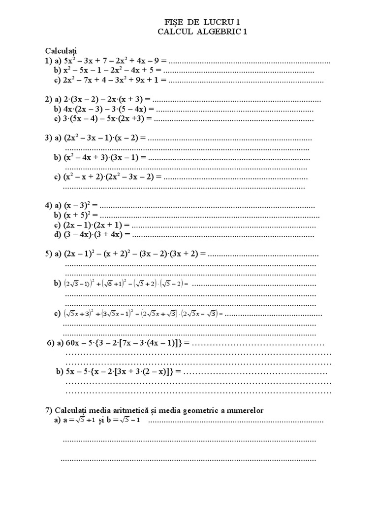 Calcul Algebric Fisa de Lucru | PDF
