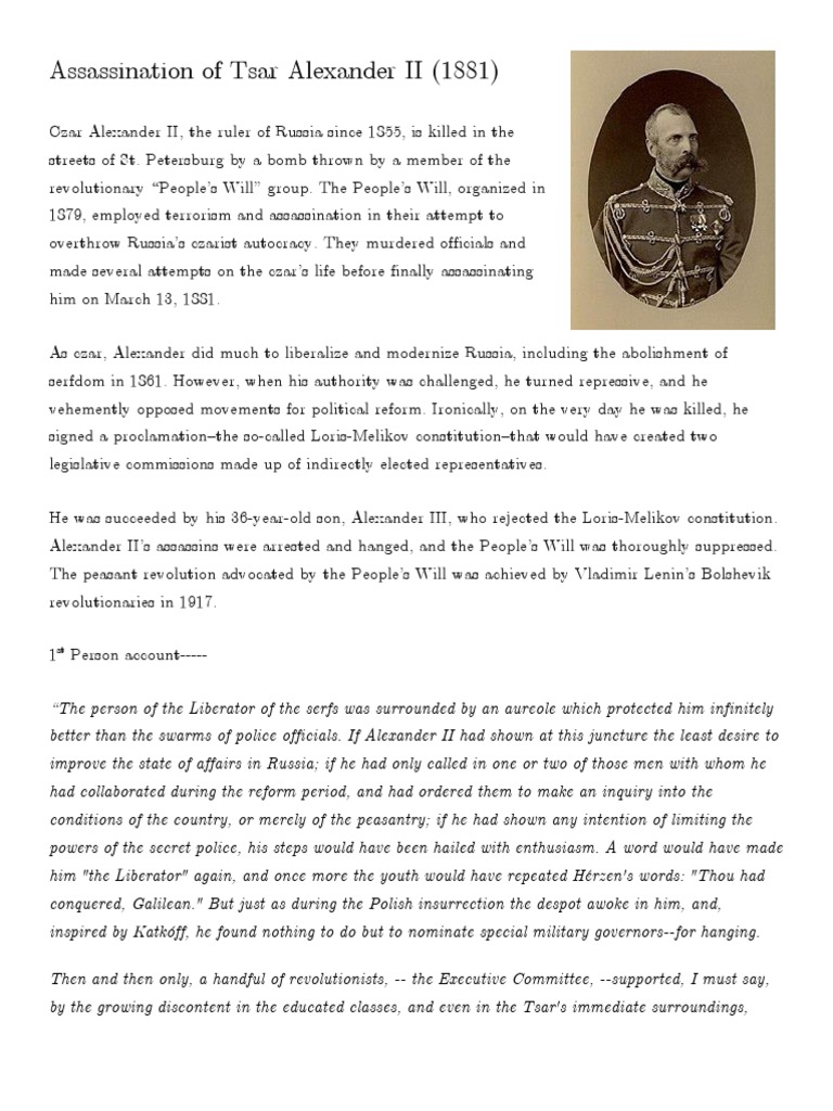 Assassination of Tsar Alexander II Reading 2018 PDF | PDF | Russian ...