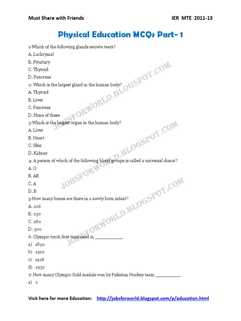 Physical Education MCQs and Answers | PDF | Sport Of Athletics | Human Body