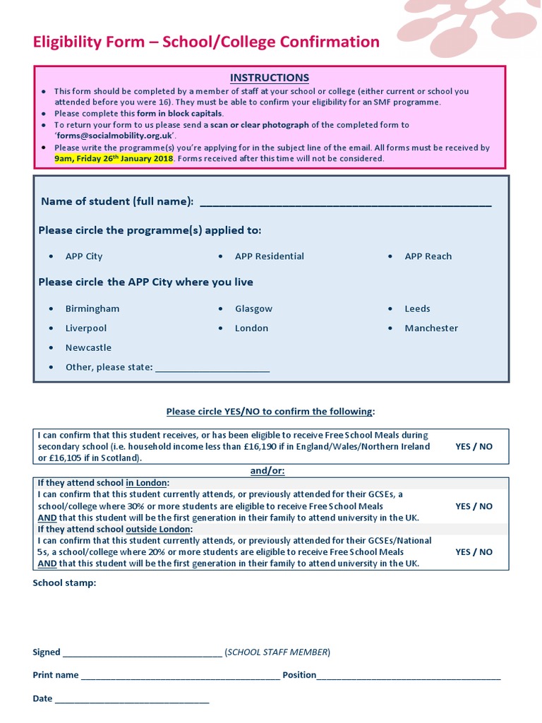 Eligibility Form - School/College Confirmation: Instructions | PDF ...
