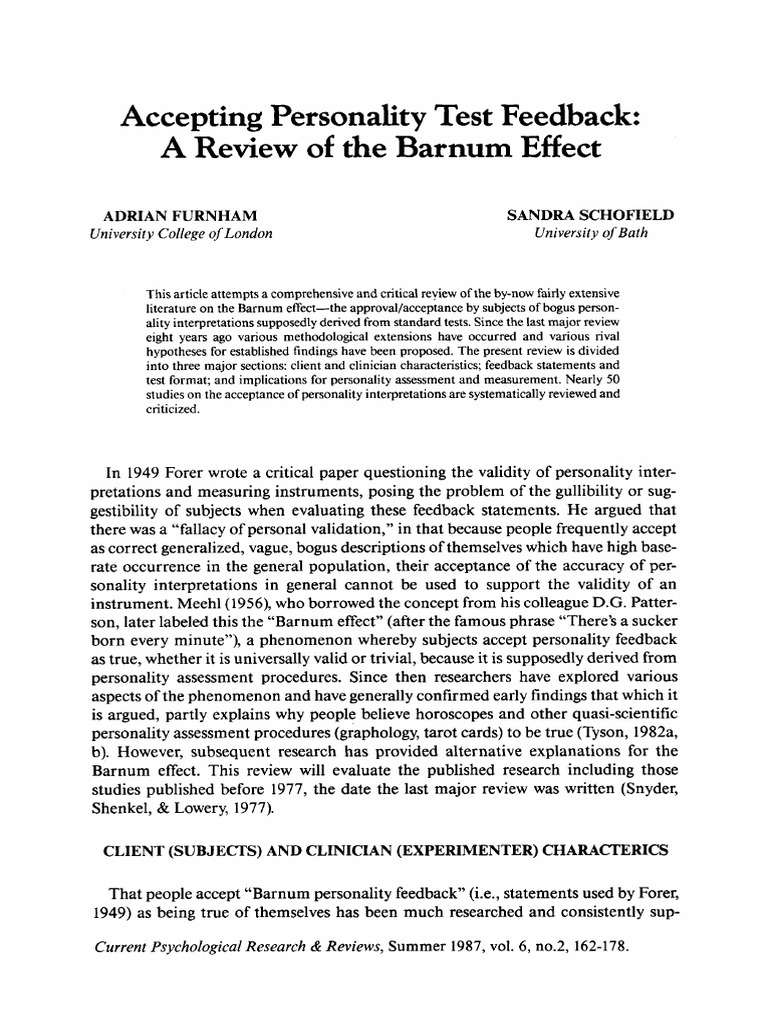 Accepting Personality Test Feedback A Review of The Barnum Effect ...