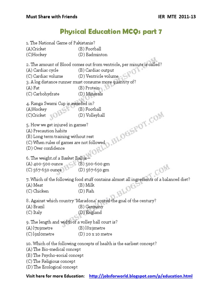 Physical Education MCQs Part 7: A Collection of 50 Multiple Choice ...