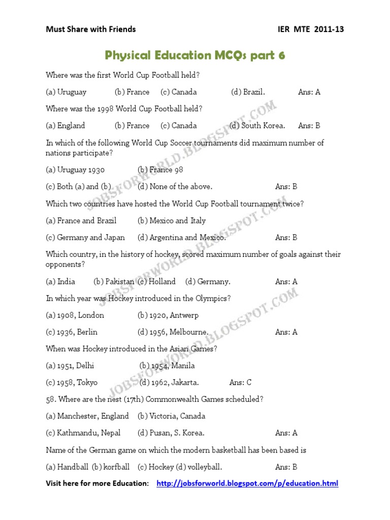 Physical Education MCQs Part 6 | PDF | Fifa World Cup | Sports Competitions