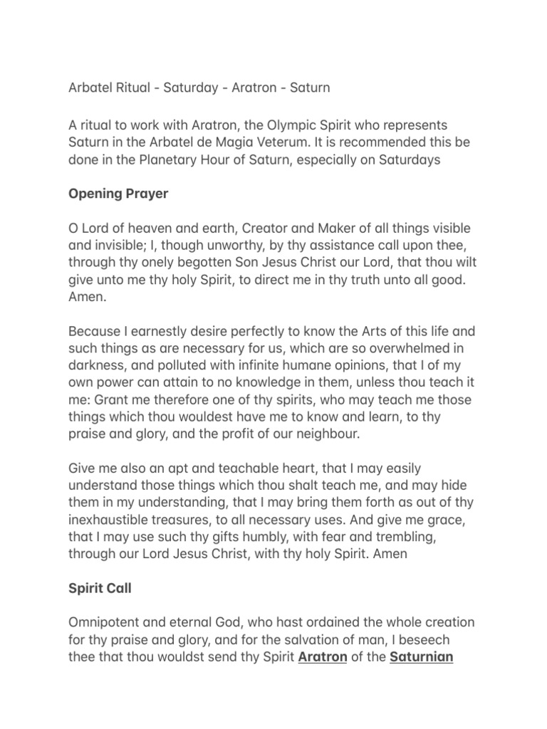 Arbatel Ritual - Saturday - Aratron - Saturn | PDF