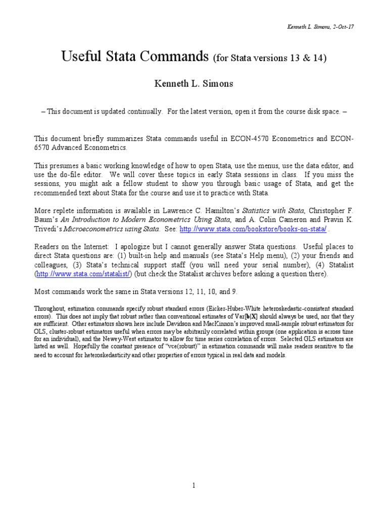 Useful Stata Commands | PDF | Regression Analysis | Errors And Residuals