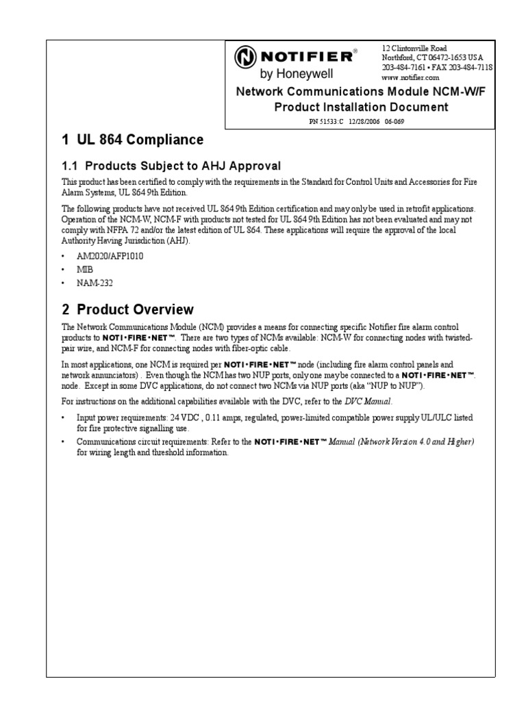 1 UL 864 Compliance: Network Communications Module NCM-W/F Product ...