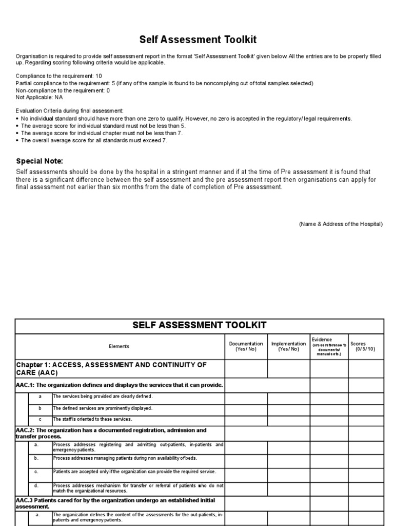 Self Assessment Toolkit SHCO | PDF | Medical Record | Patient