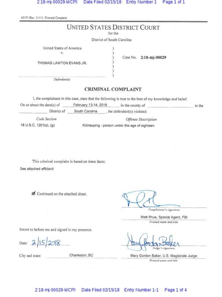 Thomas Evans JR FBI Complaint | PDF | Complaint | Crime & Violence