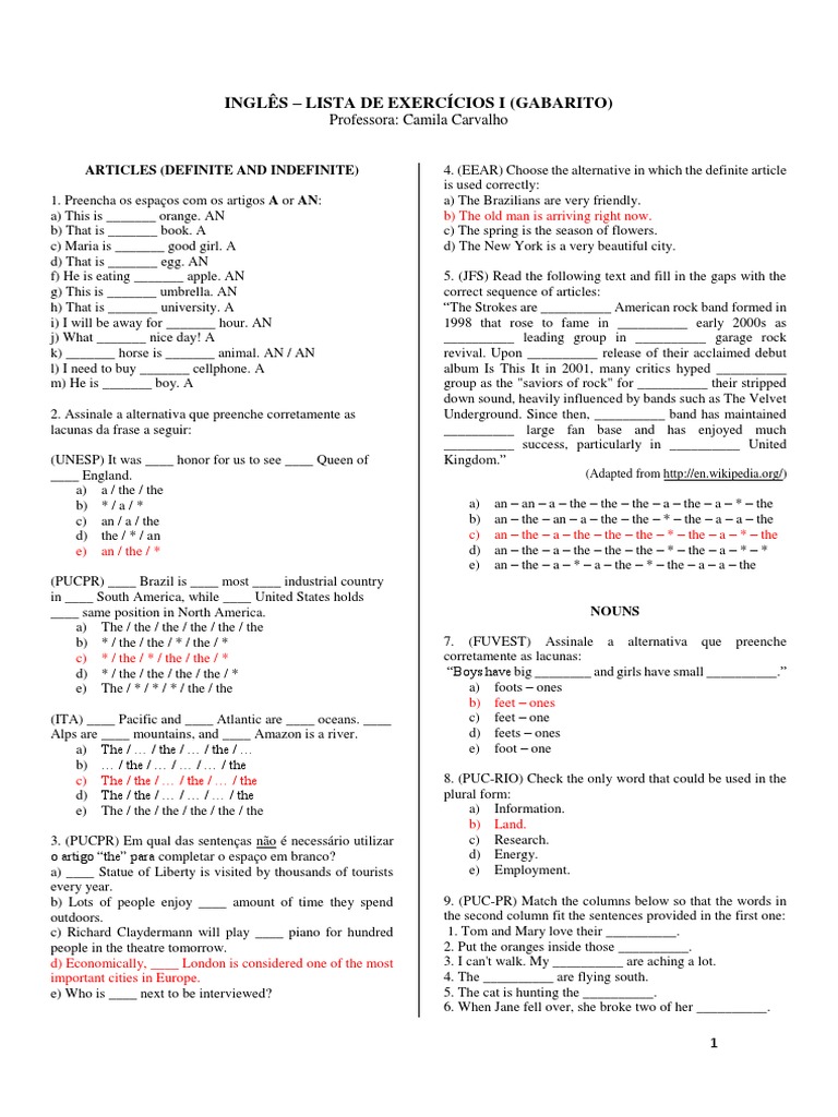 INGLÊS – LISTA DE EXERCÍCIOS I (GABARITO | PDF | Leisure ...