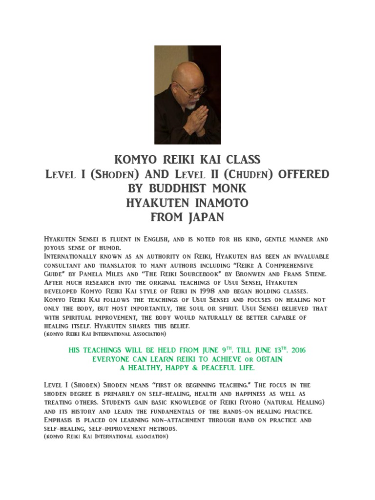 Hyakuten Inamoto Workshop Flyer 2016 | PDF | Reiki | Religion And Belief