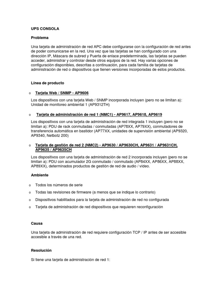 Configuración de Tarjetas APC UPS | PDF | Dirección IP | Red de ...