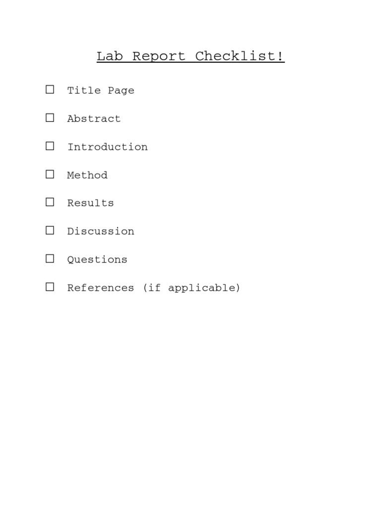 Lab Report Checklist!: Title Page Method Results Discussion Questions ...