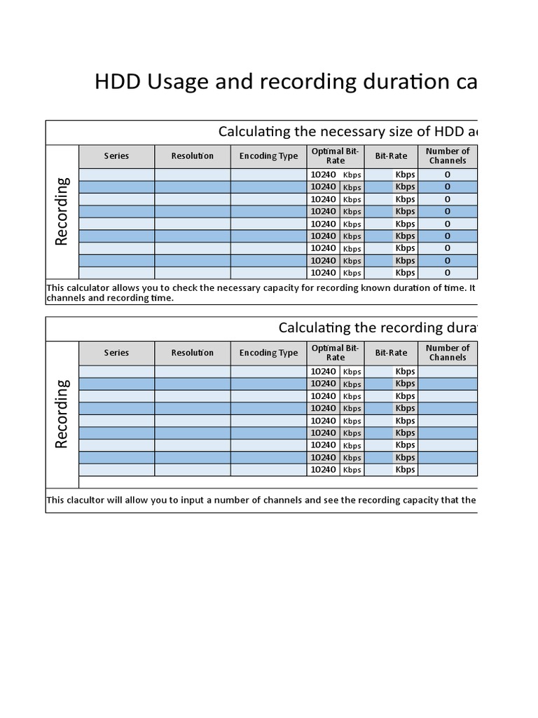 HDD Usage and Recording Duration Calculator | PDF | Data Rate Units ...