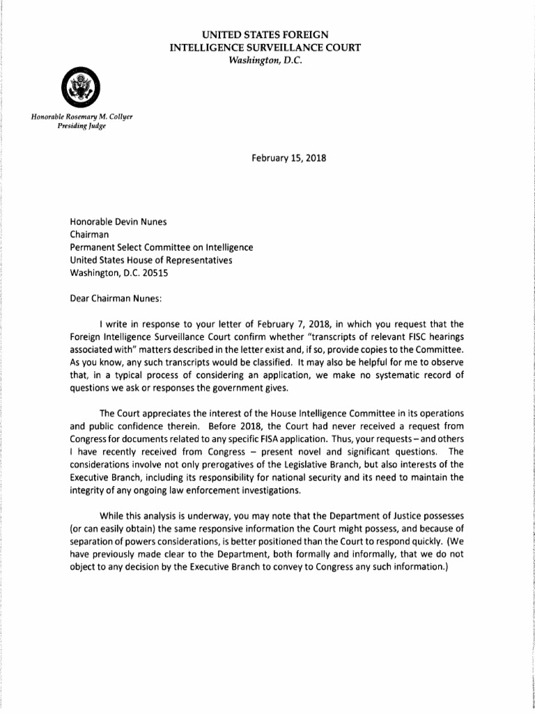 FISA Court Presiding Judge Rosemary M Collyer Response To Chairman ...