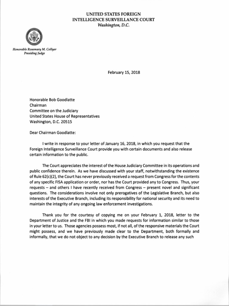 FISA Court Presiding Judge Rosemary M Collyer Response To Chairman ...