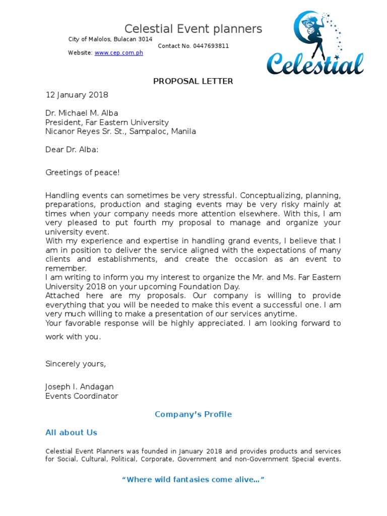 Celestial Event Planners: Proposal Letter | PDF | Shopping Mall | Business