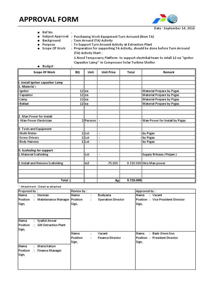 Approval Form: Unit Unit Price Scope of Work BQ Total Remark | PDF ...