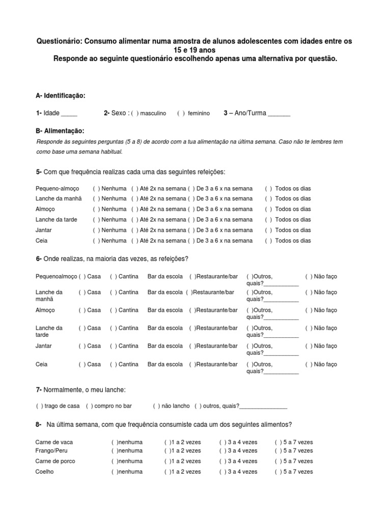 Exemplo 2 - Inquerito | PDF | Comidas e bebidas | Alimentos