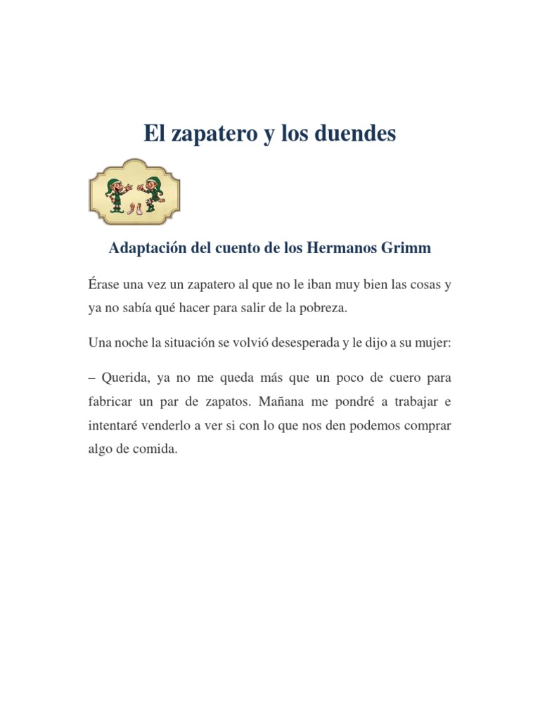 El zapatero y los duendes: Cuento adaptado | PDF