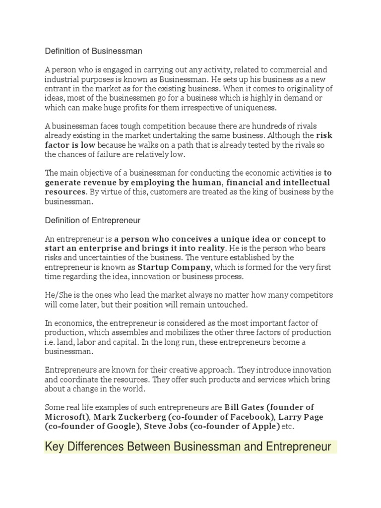 Definition of Businessman | PDF | Factors Of Production | Entrepreneurship