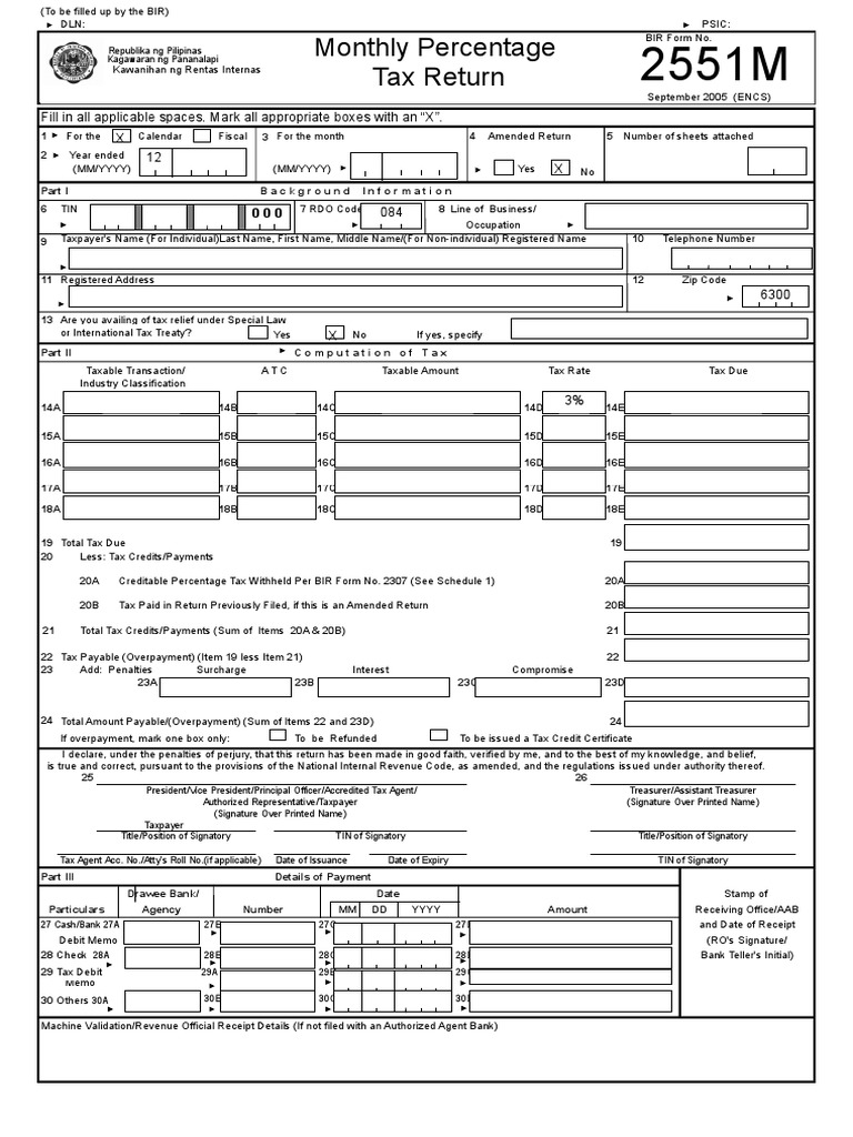 Monthly Percentage Tax Return: Fill in All Applicable Spaces. Mark All ...