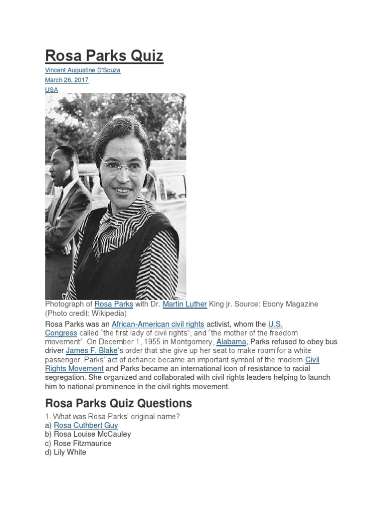 Rosa Parks Quiz Answers | PDF | Rosa Parks | Activism