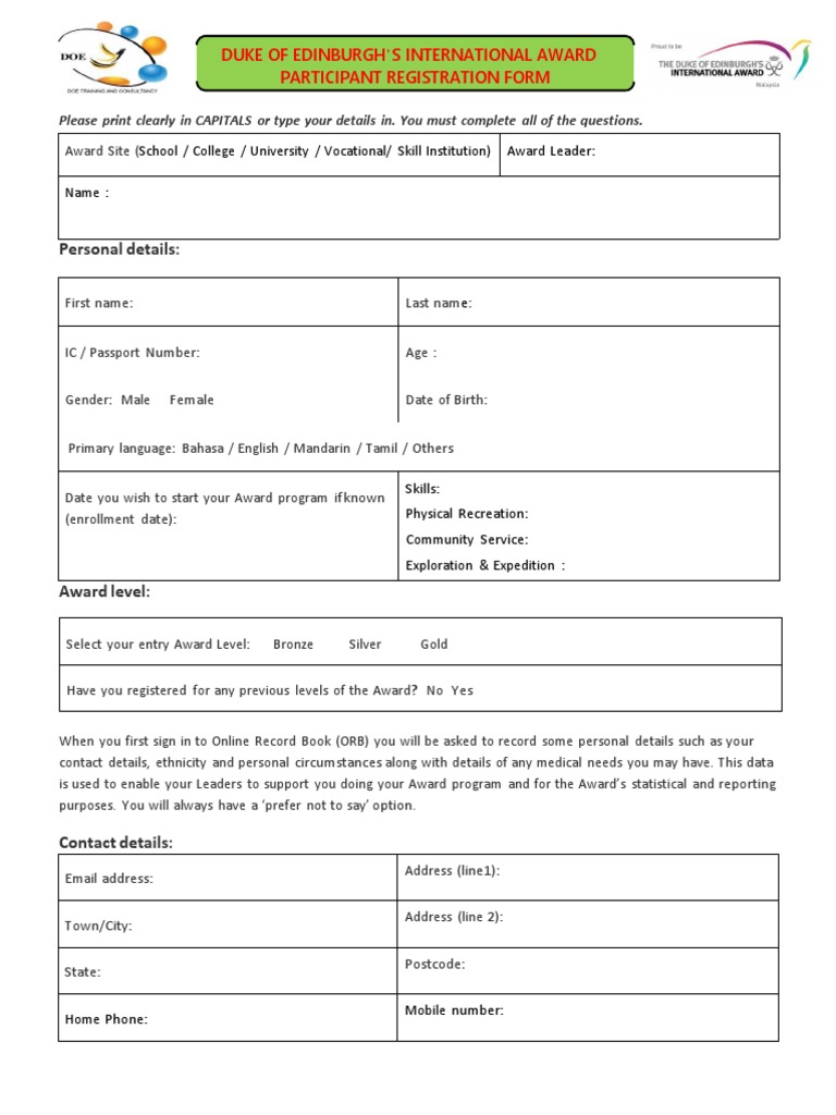 DOE Malaysia - Participant Enrollment Form V1 1 | PDF | Business ...
